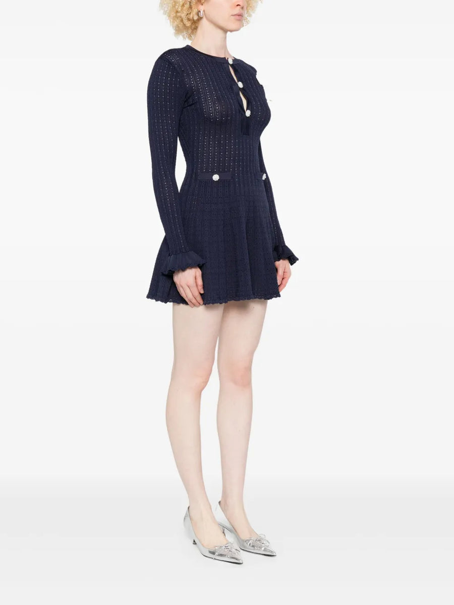 Self Portrait Short Dress In Openwork Knit With Removable Lace Brooch ...