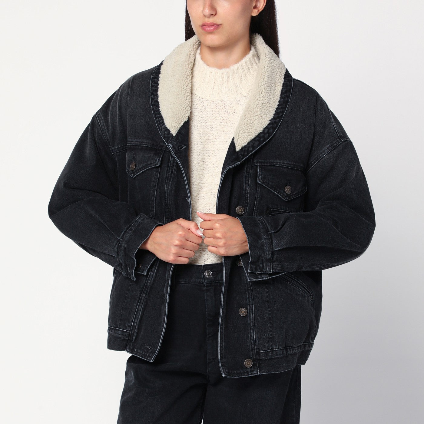 Isabel Marant Black Pimia Jacket In Denim And Faux Fur – Balardi