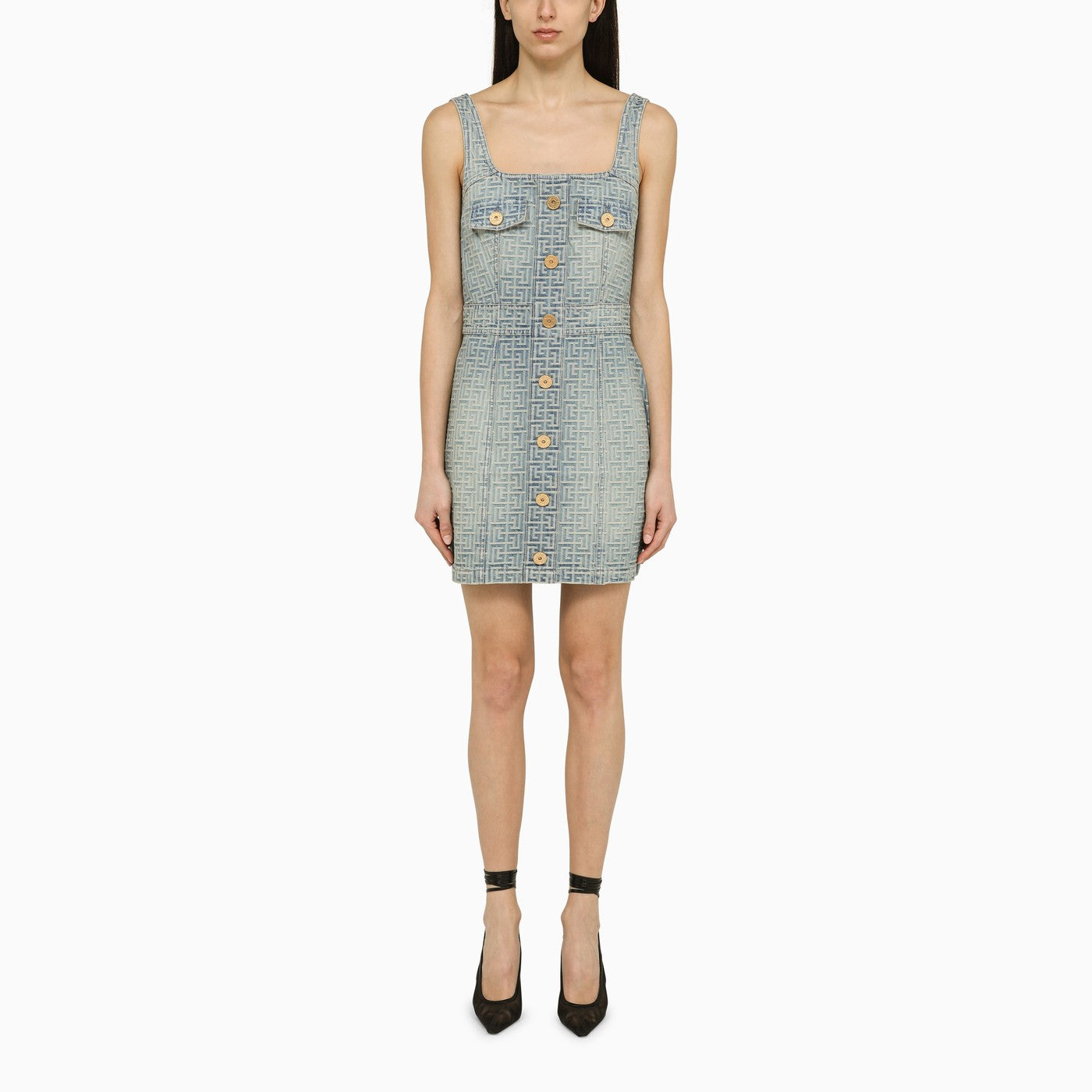 Balmain Light Blue Denim Mini Dress With Monogram – Balardi