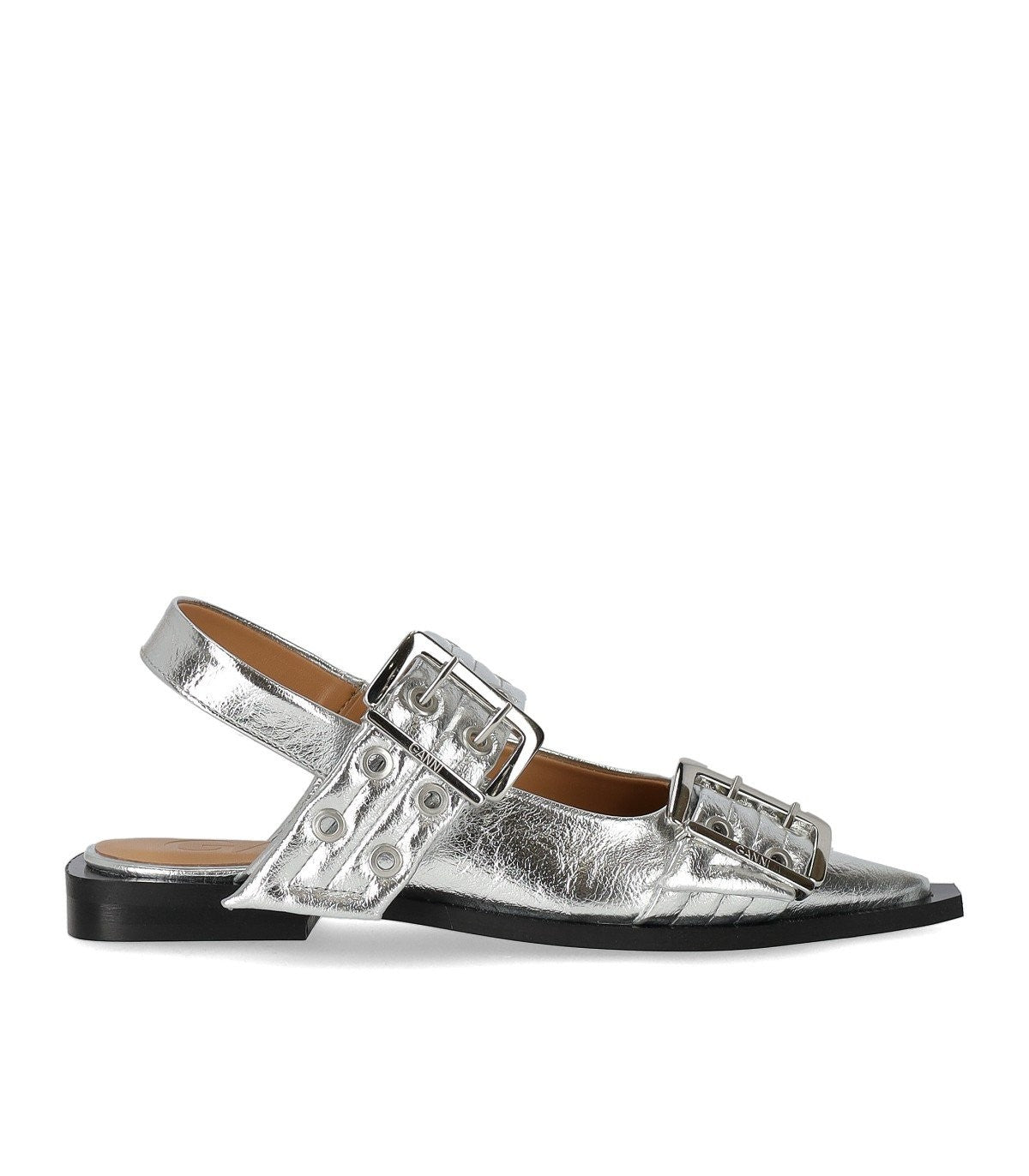 Ganni Silver Slingback Ballet Flat Shoe With Buckles – Balardi