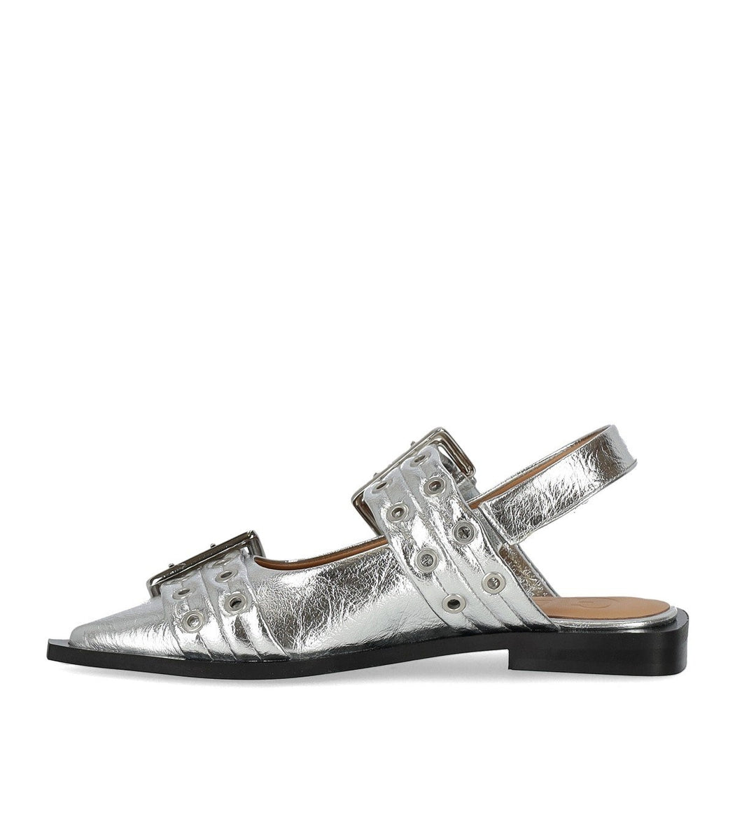 Ganni Silver Slingback Ballet Flat Shoe With Buckles | Balardi