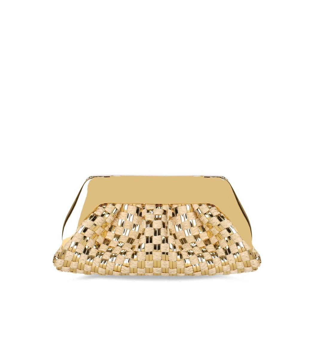 Themoirè Emera Micro Weaved Straw Laminated Gold Clutch Bag | Balardi