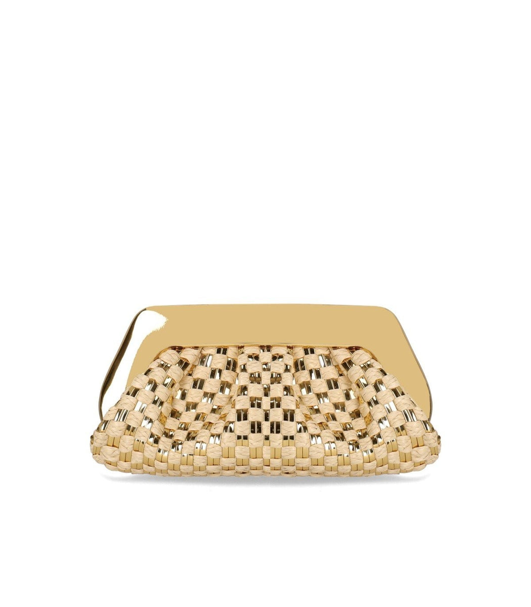 Themoirè Emera Micro Weaved Straw Laminated Gold Clutch Bag | Balardi