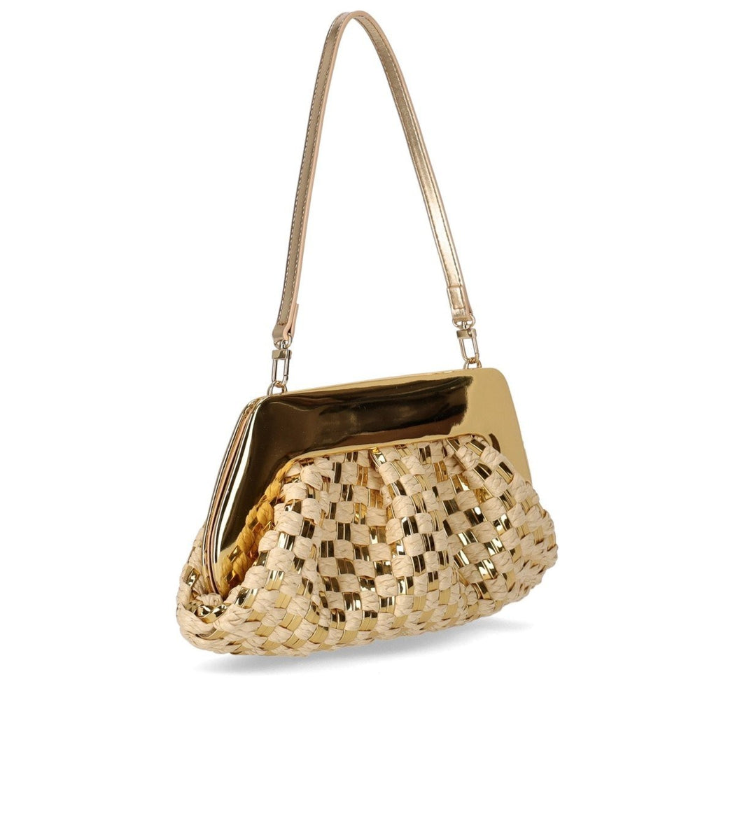 Themoirè Emera Micro Weaved Straw Laminated Gold Clutch Bag | Balardi