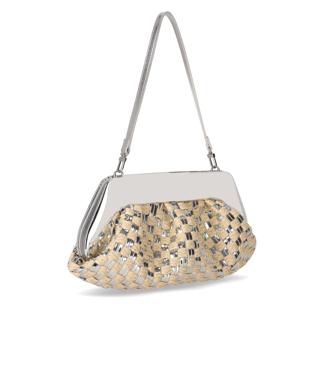 Themoirè Emera Micro Weaved Straw Laminated Silver Clutch Bag | Balardi