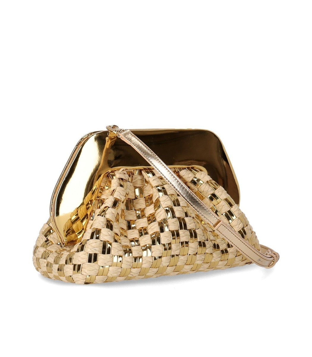 Themoirè Tia Micro Weaved Straw Laminated Gold Clutch Bag | Balardi