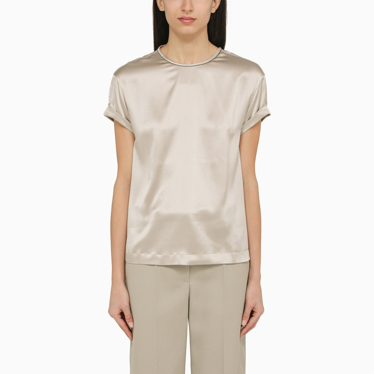 Brunello Cucinelli Quartz Coloured Silk Satin Top | Balardi